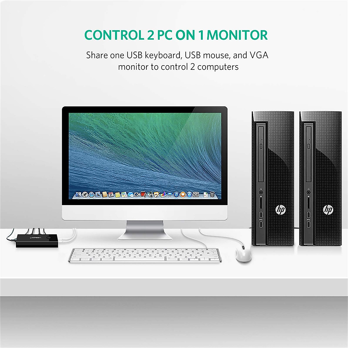 UGREEN USB KVM Switch Box 2 Port VGA Video Sharing Adapter 2 in 1 Out Manual Switcher with USB Cables for Computer PC Laptop Desktop Monitor Printer Keyboard Mouse Control