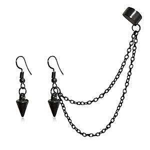 ANDPAI Unique Lightweight Black Silver Punk Long Tassel Chain Ear Cuff Earrings 316L Stainless Steel Vintage Barrel Nails Crawler Climer Dangle Drop Stud Earrings for Men Women Unisex (Black)