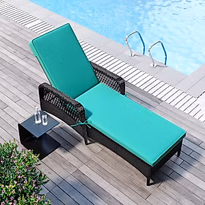 Pool Chaise Lounge Set, Outdoor Patio Pool, PE Rattan Wicker Chair Wicker Lounge Chair, Sun Lounger with Cushion, Reclining Chair Furniture with Adjustable Backrest for Beach Pool Patio (Green+Black)