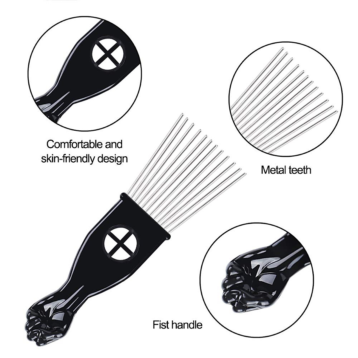 Hair Pick - BIGEDDIE 5 Pcs Metal Picks for Hair, Afro Pick Combs for African American Hair Styling, Fist Hair Pick Comb for Women and Men Black