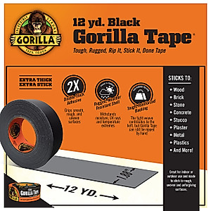Gorilla Black Duct Tape, 1.88" x 12 yd, Black, (Pack of 6)