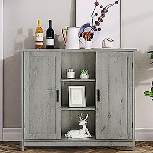 Iwell Floor Storage Cabinet with 2 Doors and 2 Open Shelves, Wooden Buffet Cabinet, Freestanding Cabinet for Kitchen, Living Room, Hallway, Grey