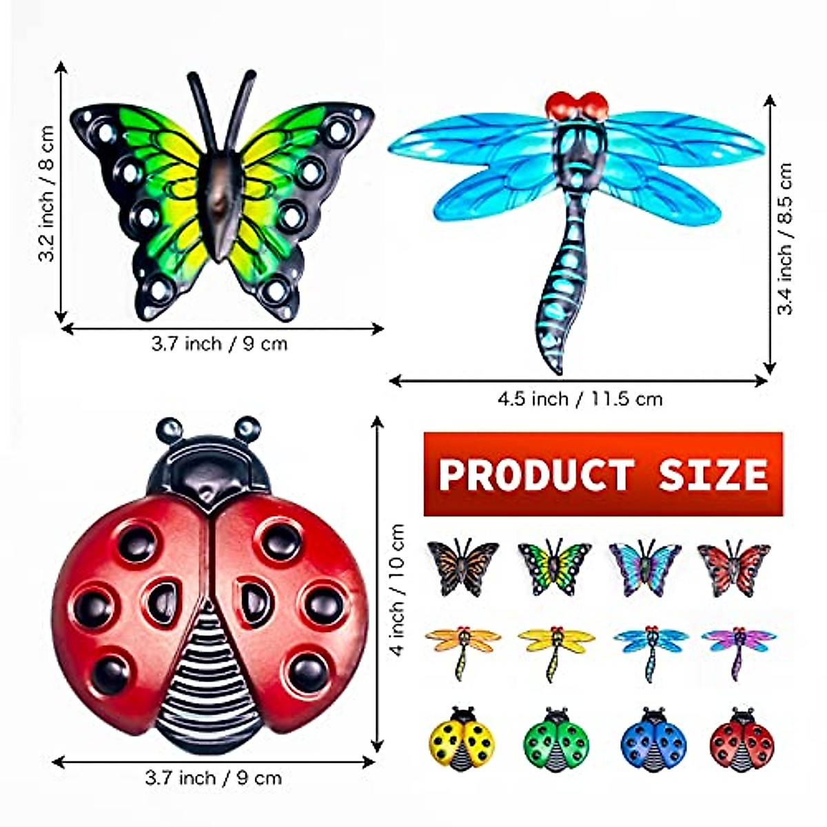 foxany Metal Butterfly Wall Decor, 4 Butterflies and 4 Dragonfly, 4 Ladybugs Wall Decor Sculpture, Hanging Outdoor Garden Fence Art for Patio, Backyard, Home, Farmhouse, Set of 12