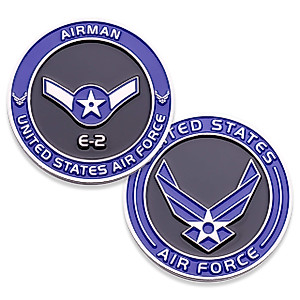 Air Force Airman E2 Challenge Coin! United States Air Force Airman Rank Military Coin. E-2 Airman USAF Challenge Coin! Designed by Military Veterans - Officially Licensed Product!