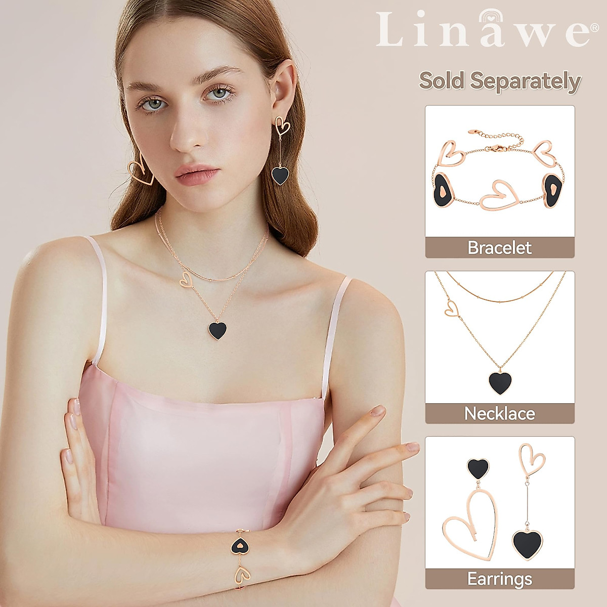Linawe Black Heart Earrings, Rose Gold Hypoallergenic Stainless Steel Dangle Drop Earrings Dangling, Preppy Stuff Y2K Cute Asymmetrical Earrings, Gift Valentine's Day Anniversary