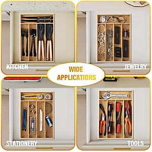 CherHome Silverware Organizer Utensil Drawer Organizer,Silverware Tray for Kitchen Drawer,Bamboo Flatware Tableware Cultery Caddy Utensil Tray Utensils Holder，5-Compartment，13.5" D x 10" W x 2" H