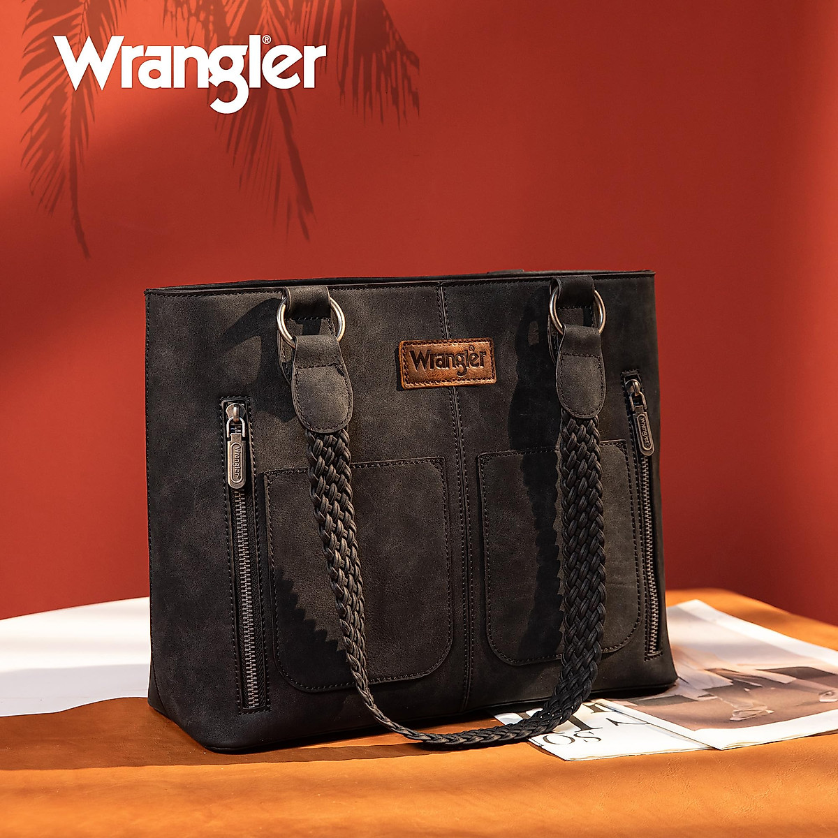 Wrangler Tote Bag for Women Multi Pockets shoulder bag western purse Medium leather like Handbags with Woven Top-Handle WG78-G8317BK