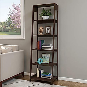 Lavish Home 5-Tier Ladder Bookcase - Freestanding Tiered Wood Bookshelf with Leaning Look - Decorative Shelves for Home and Office Storage (Brown)