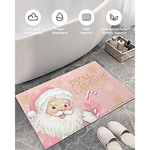 Christmas Pink Santa Claus Floor Door Mats Shag Carpet,Xmas Gold Foil Snowflake Non Slip Super Soft Bath Rugs,Winter Snow Shaggy Fuzzy Area Rug for Kitchen/Bathroom/Bedroom/Living Room Decor 16x24in