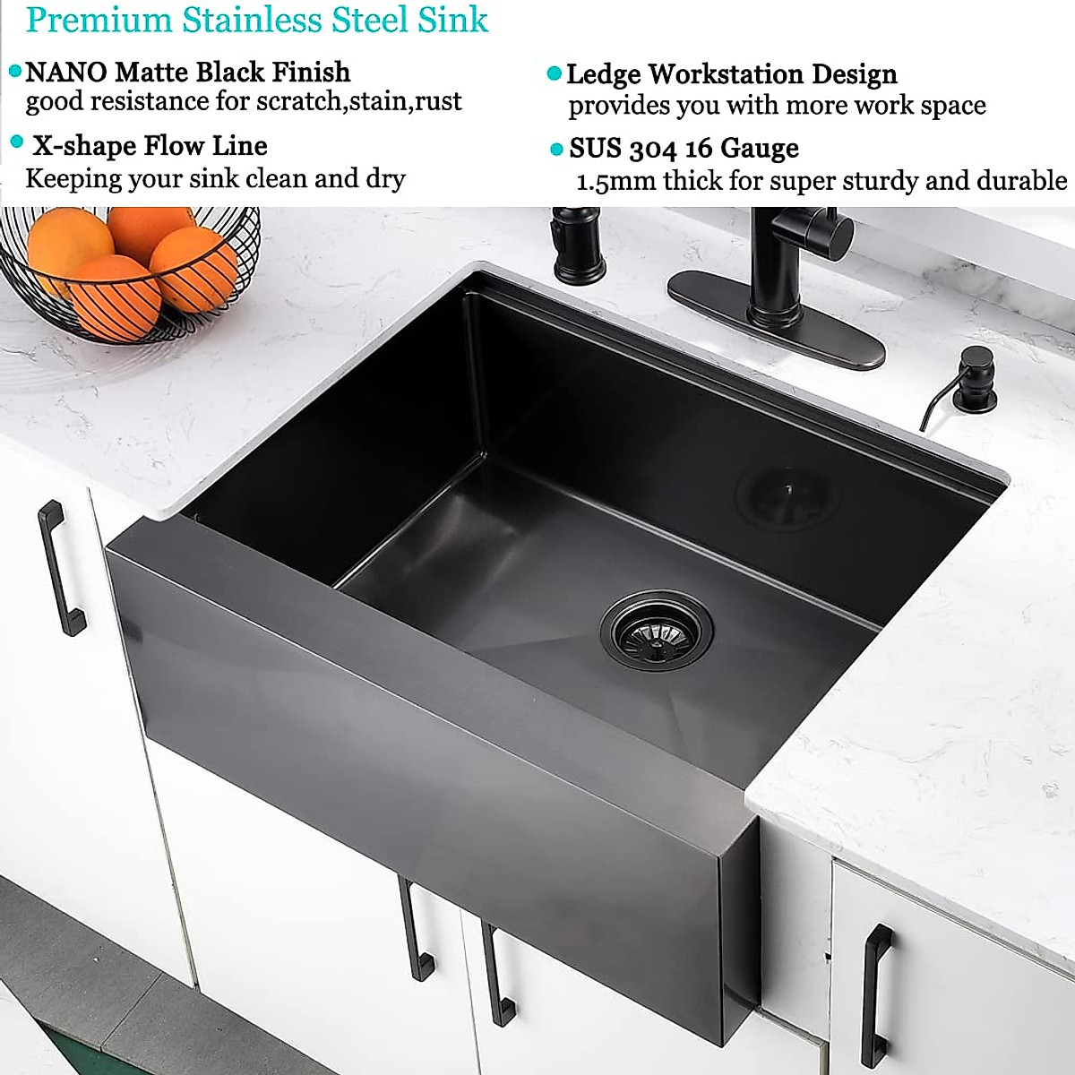 27 Inch Black Farmhouse Sink Workstation-Bokaiya 27x22 Matte Black Stainless Steel Farmhouse Apron Front 16 Gauge Single Bowl Farm Sink with Cutting Board