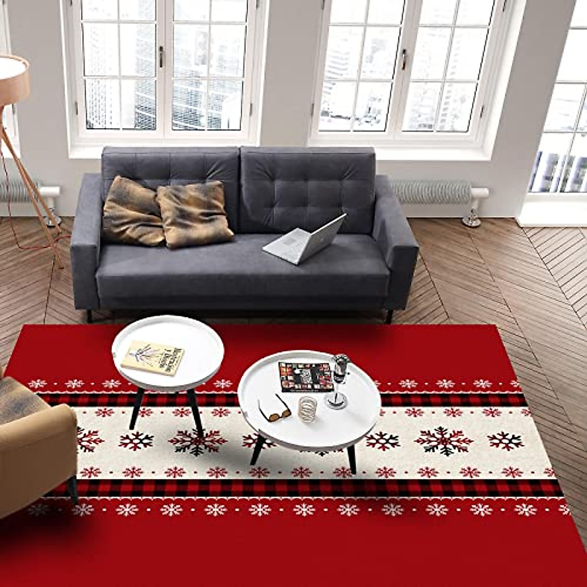 Area Rug Absorbent Non-Slip Rectangle Rug Christmas Snowflakes and Red Plaid Rugs for Living Room Bedroom Kitchen Entryway, Soft Floor Mat Indoor Carpet Accent Rugs 3x5 Feet