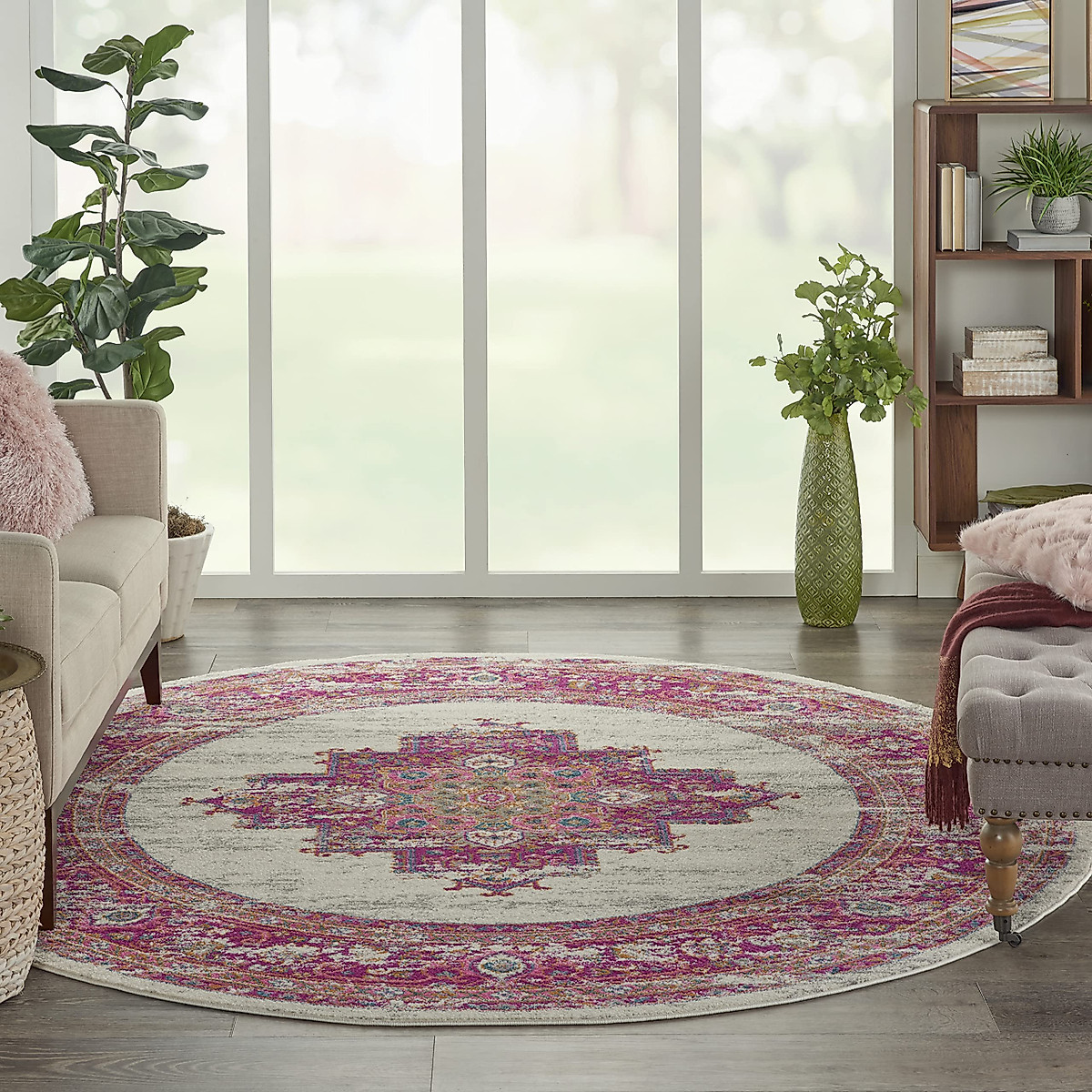 Nourison Passion Ivory/Fuchsia 8' x Round Area-Rug, Boho, Traditional, Easy-Cleaning, Non Shedding, Bed Room, Living Room, Hallway, (8' Round)