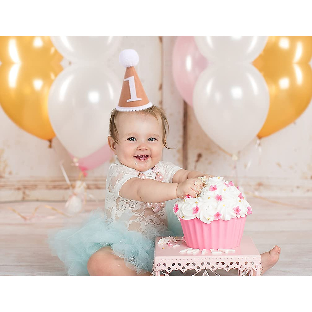 Baby 1st Birthday Party Hat - Handmade Wool Felt Hat for Kids, Photo Booth Props, Backdrop, Cake Smash, and First Birthday Accessories (Beige)