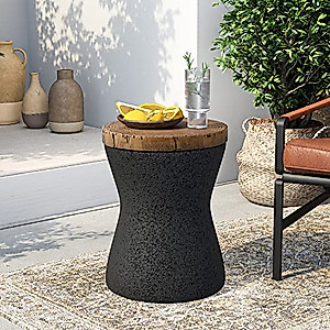 SUNBURY Outdoor Accent Table, 11" Hourglass Shaped Outdoor Side Table for Patio, Concrete Garden Stool End Table, Morden Outdoor Concrete Side Table Wooden-Look Top for Bedroom, Garden, Backyard