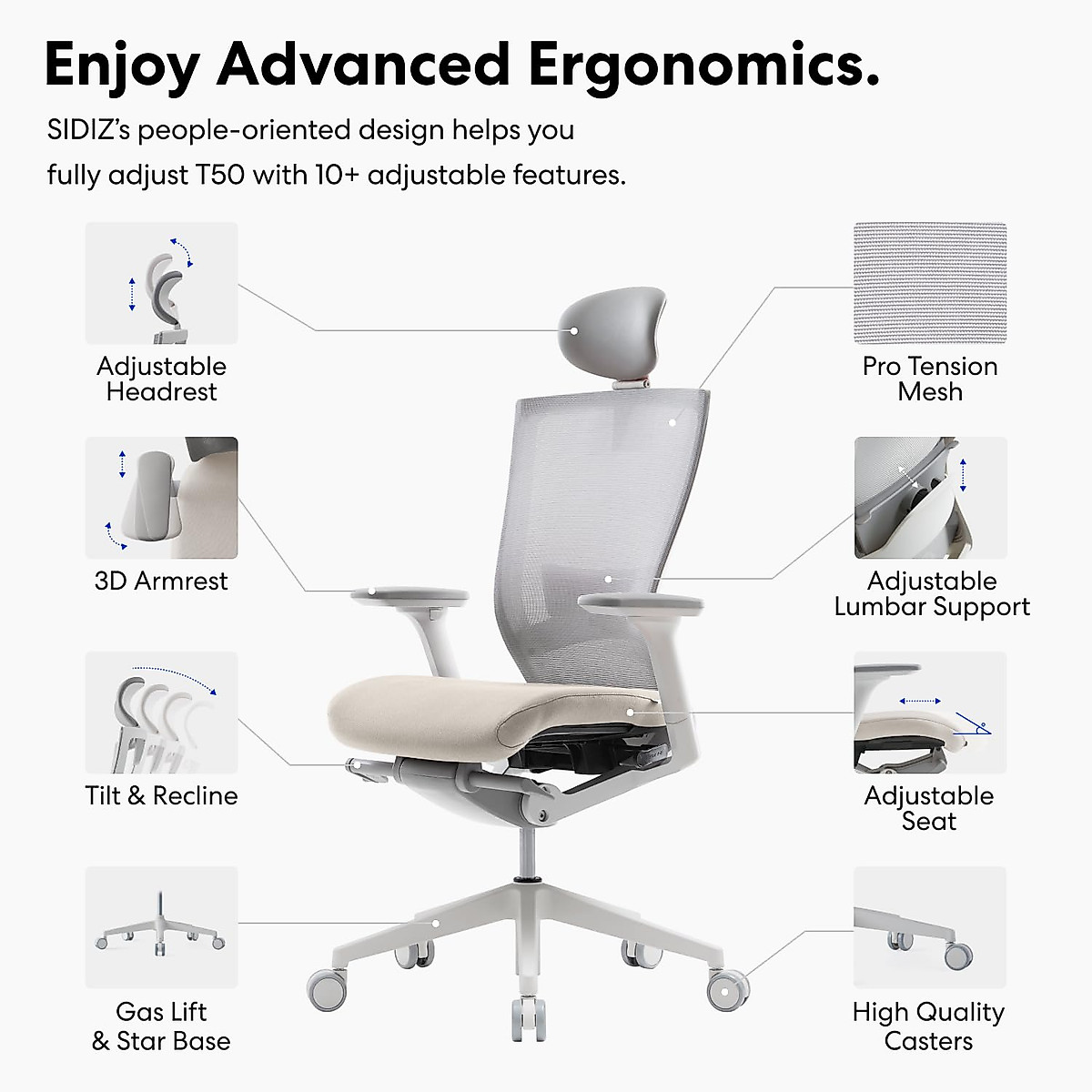 SIDIZ T50 Ergonomic Home Office Chair : High Performance, Adjustable Headrest, 2-Way Lumbar Support, 3-Way Armrest, Forward Tilt, Adjustable Seat Depth, Ventilated Mesh Back, Cushion Seat (Beige)