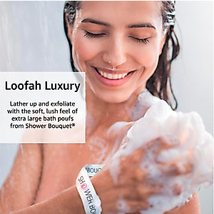 Loofah-Bath-Sponge XL-75g-Soft-Set by Shower Bouquet: 4-Pack-Pastel-Colors - Extra-Large Mesh Pouf Scrubber for Men and Women - Exfoliate with Big Lathering Cleanse