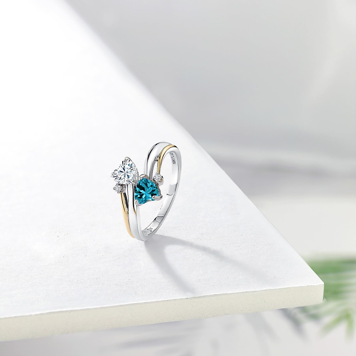 925 Silver and 10K Yellow Gold Moissanite by Charles & Colvard and London Blue Topaz with Lab Grown Diamond Women 2 Heart Engagement Mother Ring (1.07 Cttw, Available in Size 5,6,7,8,9)