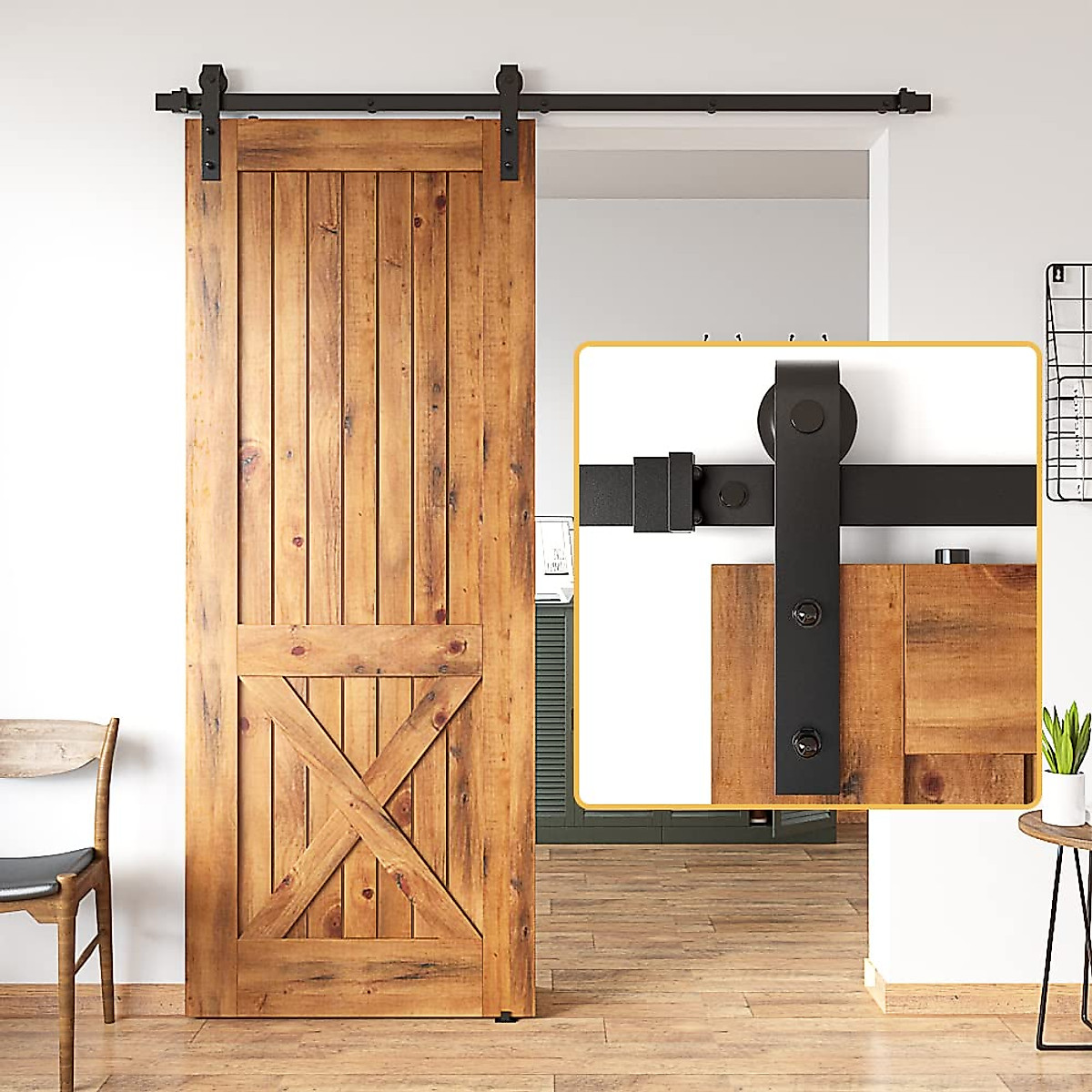 SKYSEN 6FT Sliding barn Door Hardware kit, Barn Door Track, 1/4” Thick Material- Combination Track- Smooth and Quiet- Easy to Install- Black (J Shape-5)