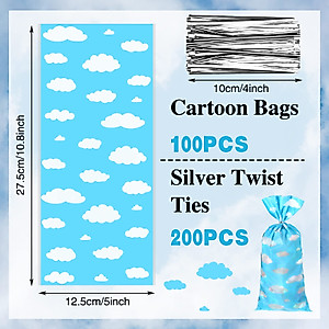 Outus 100 Pieces Blue Sky White Clouds Birthday Party Supplies Blue Sky White Clouds Cellophane Bags Cartoon Story Gift Bags with 200 Silver Twist Ties for Baby Kids Shower Birthday Party Decorations
