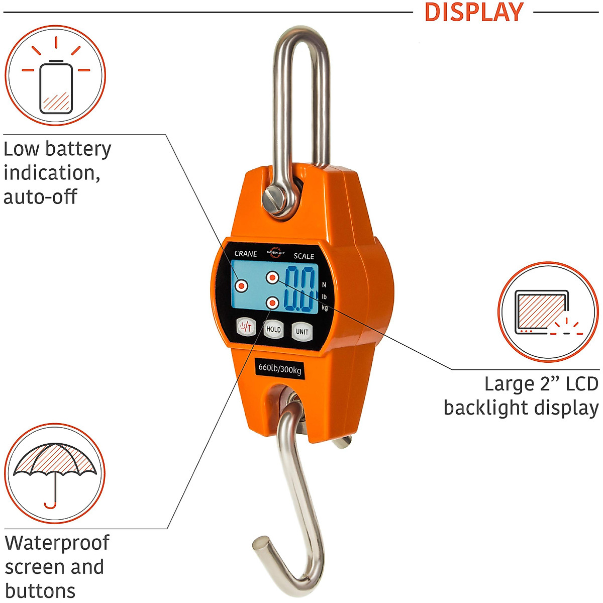 Digital Hanging Scale 660 LB 300 KG - Professional Heavy Duty Waterproof Fish Scale - Portable Durable Crane Scale for Luggage Weight Suitcase Hunting Farm Bike Bow Fish Weight Fishing Scale