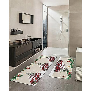 Christmas Red Truck Bath Mat for Tub,Non Slip Bathroom Floor Runner Rug Quick Dry & Absorbent Diatomaceous Earth Shower Sink Kitchen Washable Doormat,Farmhouse Pine Tree Berry Snowflake 16x24+16x47