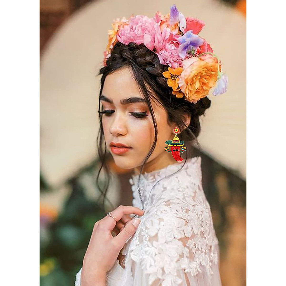 Cinco De Mayo Earrings for Women Colorful Beaded Fiesta Chill Dangle Earrings Statement Letter Drop Earrings Mexican Festival Jewelry Gifts (Chili)