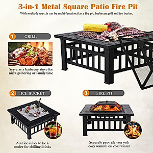 Outdoor Fire Pit 32 Inch Square Metal Firepit with Charcoal Rack& Spark Screen, Heavy Duty 3 in 1 Fireplace Backyard Patio Garden Stove for Camping, Outdoor Heating, Bonfire and Picnic