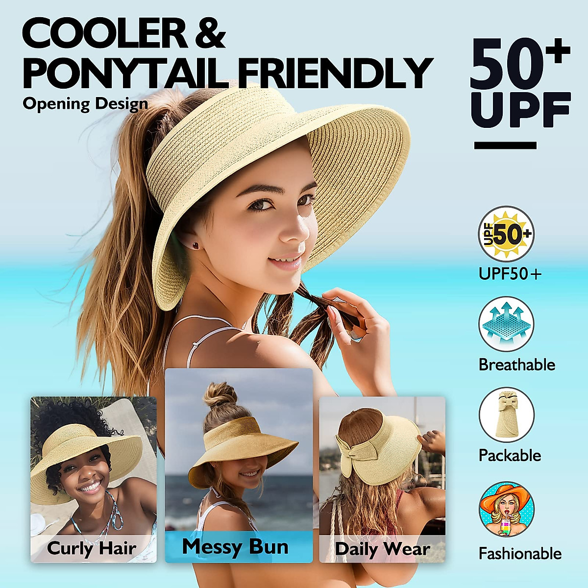 Beach Hats for Women, Wide Brim Sun Hat Womens, Packable Sun Visor Roll-up Sun Hat, Summer Straw Hats for Women UV Protection, Foldable Beach Hat for Girls Summer Vacation Travel Accessories Khak