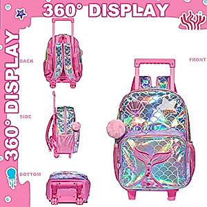 ZBAOGTW Mermaid Rolling Backpack for Girls Kids Backpack with Wheels for Elementary Kindergarten Girls Wheeled Backpack Carry on Luggage for School Travel