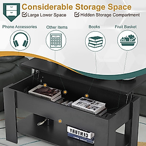 PayLessHere Coffee Table Lift Top Coffee Tables with Hidden Compartment and Storage Shelf Wooden Lift Tabletop Dining Table for Living Room Home (Black, 39" D x 28" W x 24" H)