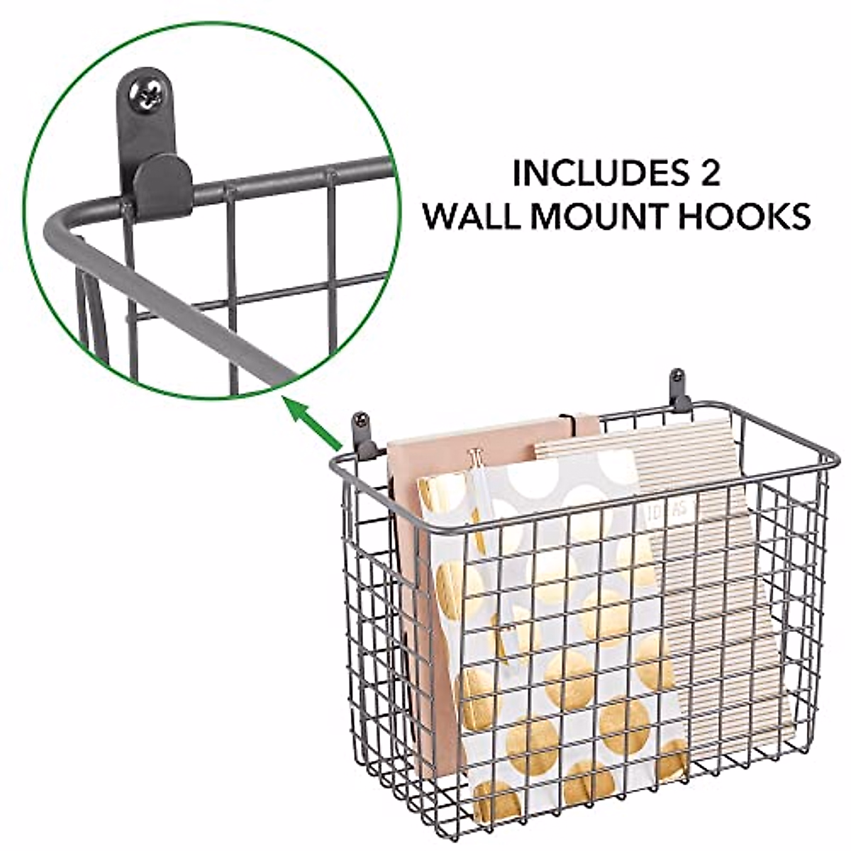 mDesign Portable Metal Farmhouse Wall Decor Storage Organizer Basket Bin with Handles for Hanging in Entryway, Mudroom, Bedroom, Bathroom, Laundry Room - Wall Mount Hooks Included, 2 Pack - Graphite