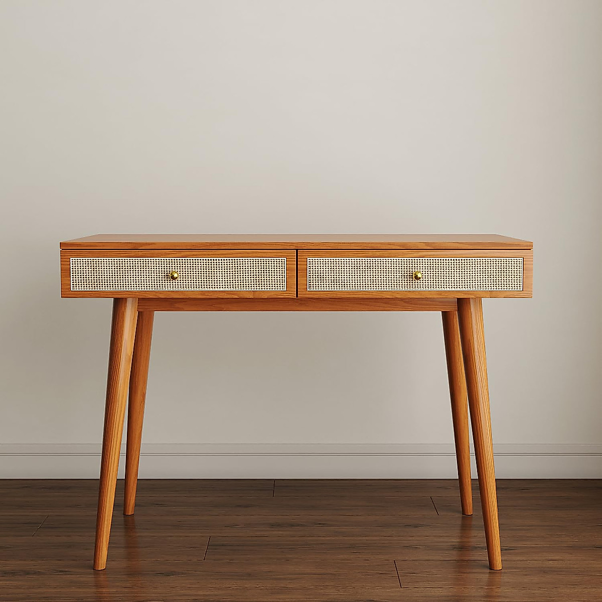 Longcoam Design Mid-Century Modern Solid Wood Desk with Drawers – 45 inch Small Boho Rattan Writing Desk for Home Office, Minimalist Design Natural Wood Legs Table for Workspace Elegance