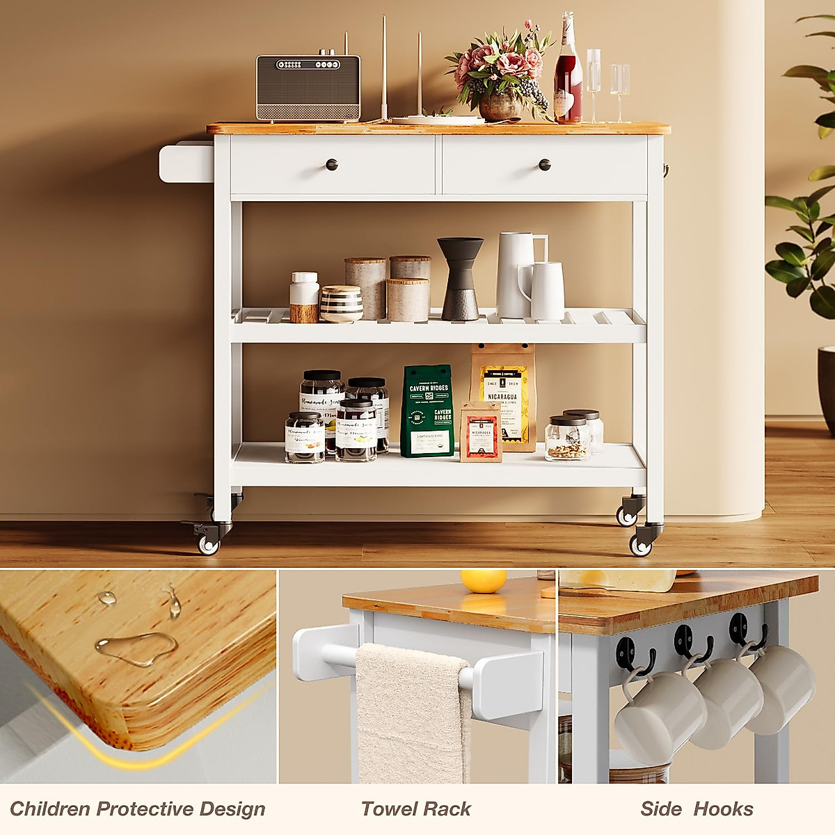 Gizoon Kitchen Island Cart on Wheels with 40'' Wood Tabletop, 2 Open Tiers Spacious Storage Shelves and Towel Rack, Rolling Utility Cart with 3 Side Hooks and 2 Drawer for Dining Room, Bar, White
