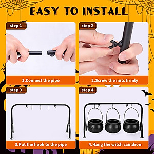 Rdogeia Halloween Decorations Indoor,Halloween Decor- Set of 3 Halloween Witches Cauldron Candy Serving Bowls on Rack,Black Plastic Cauldron with Skeletons for Indoor Outdoor Home Kitchen Decoration