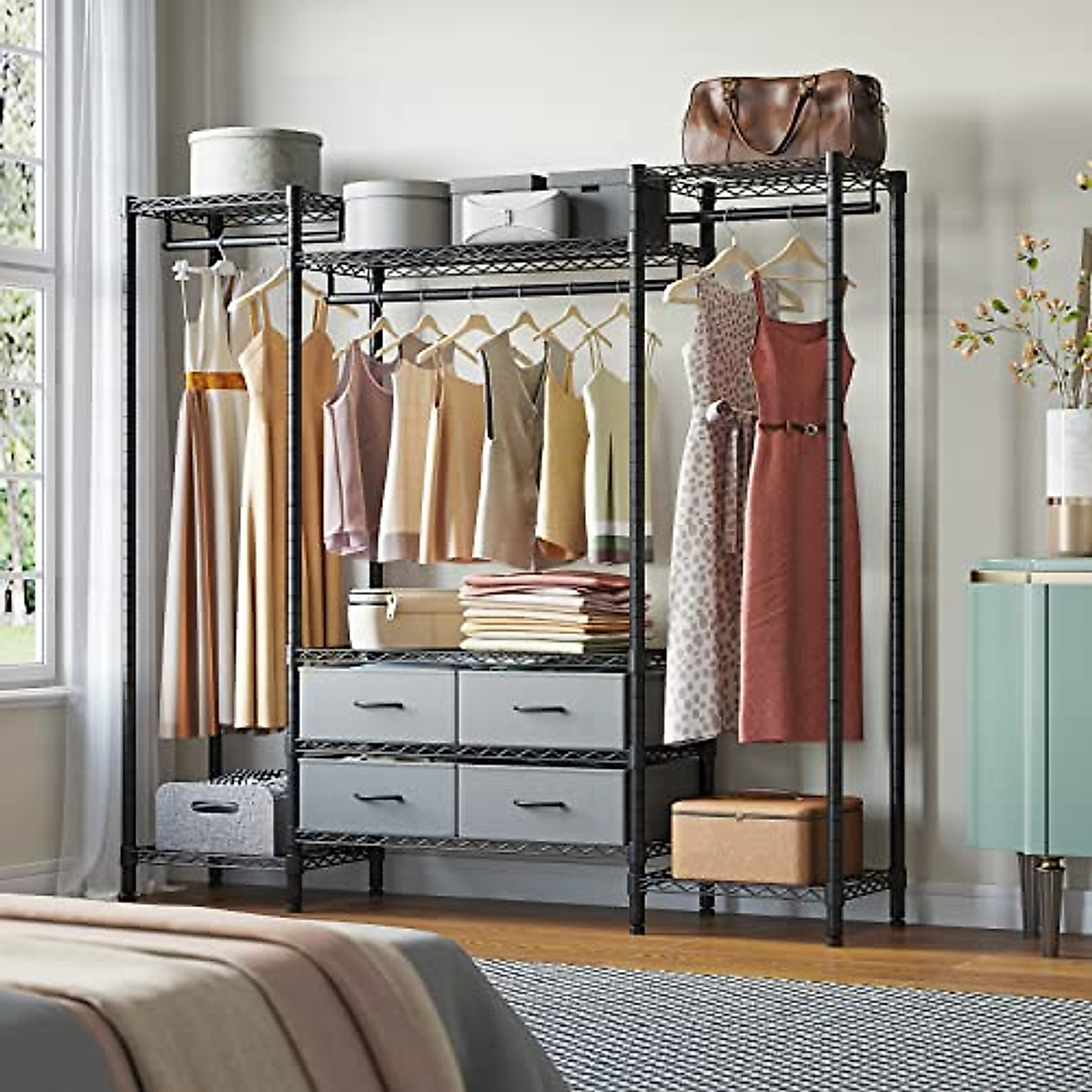 VIPEK V20 Wire Garment Rack Heavy Duty Clothes Rack, Metal Clothing Rack with 6 Shelves, 3 Hang Rods & 4 Fabric Drawers, Compact Freestanding Closet Wardrobe, 56.7" L x 14.6" W x 70.9" H, Black