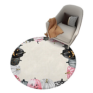 Halloween Fluffy Round Area Rug Carpets 3ft, Plush Shaggy Carpet Soft Circular Rugs, Non-Slip Fuzzy Accent Floor Mat for Living Room Bedroom Nursery Home Decor Pink Black Horror Pumpkin Plaid Dot