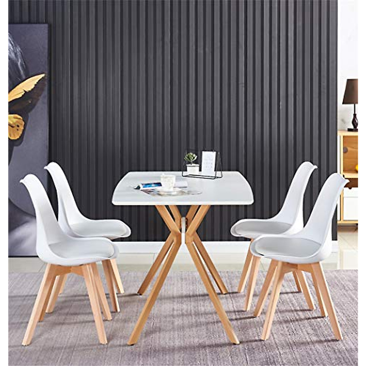 Hommoo Rectangle Dining Table Modern Kitchen Table Tea Coffee Table with White MDF Top and Wood Legs for Kitchen and Dining Room