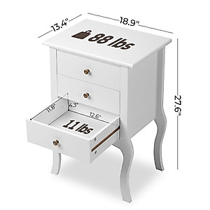IKGH Night Stand, Retro Bedside Cabinet with 3 Large Storage Drawers and Solid Wood Curved Legs Living Room Bedroom Furniture,White