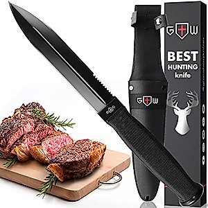 Knife for Men with Sheath - Black Tactical Knives - Cool Hunting Knofe Fixed Blade Knife with Serrated Blade - Best EDC Survival Camping Hiking Military Tool Sharp Belt Boot Knives Gift for Men 2503