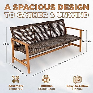 IDZO 1000lbs Capacity, FSC Certified 3 Seater Patio Couch with Upgraded 2000Hours UV Resistant Wicker, Teak Finish Furniture Set, Trinite Acacia Outdoor Sofa_Brown