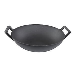 Cast Iron Wok with Handle - Seasoned 14 Inch Flat Bottom Wok for Deep Frying Pan with Flat Base for Stir-Fry, Grilling, Frying, Steaming - For Authentic Asian, Chinese Food