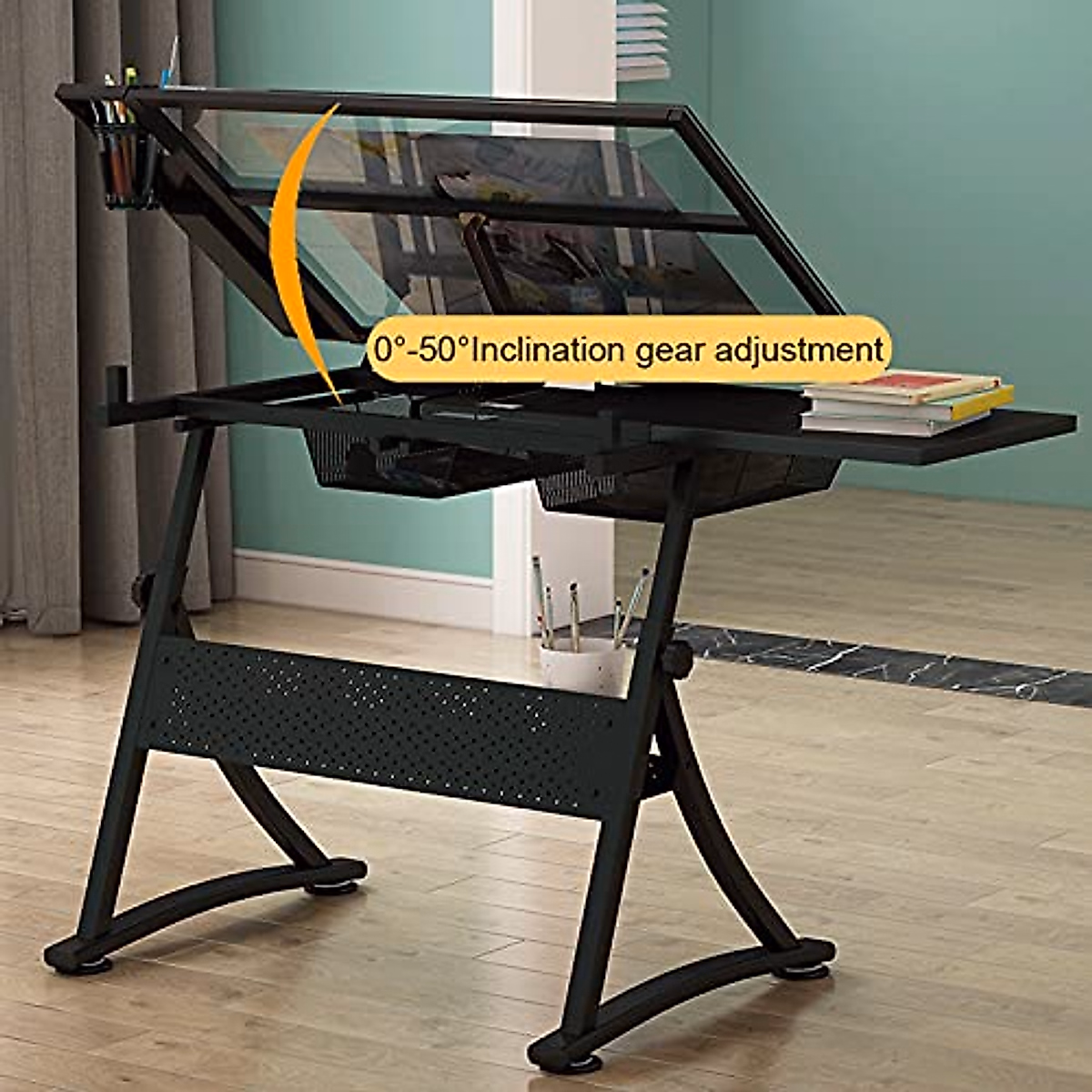 Drafting Desk, Adjustable Glass Drafting Table,Versatile Art Study Table,with Storage Drawers,Art Studio Design Sketching Painting Work Station