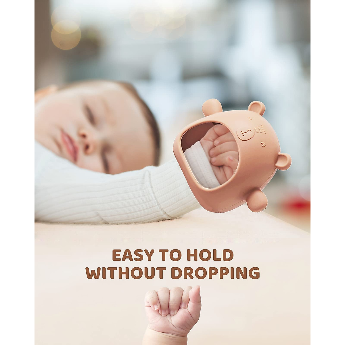 3 Packs Baby Teething Toy Silicone Bear Teething Mitten for Babies Over 3 Months Anti Dropping Wrist Hand Teethers Baby Chew Toys for Sucking Needs, BPA Free (Pink, Brown & Red) (Pink, Coral, Caramel)