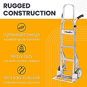 HaulPro Heavy Duty Hand Truck - Aluminum Dolly Cart for Moving - 500 Pound Capacity - 8" Rubber Wheels - 54" H x 18.5" W with 17.5 x 9 Nose Plate