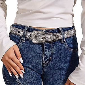 Womens Vintage Rhinestone Belt Western Cowgirls Style Sequin Diamond Bling Belts for Jeans Dress Pants