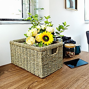 Storage Basket, Seagrass Storage Baskets, Home Hand-Woven with Built-In Handle, Rectangular Seagrass Basket 13.25x8.3x7 Inches（2PCS)