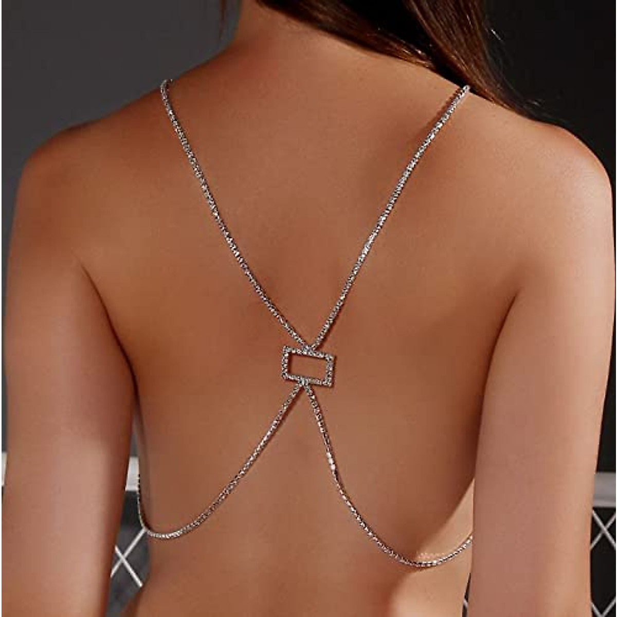 Jeweky Crystal Body Chain Rhinestones Back Necklace Silver Sparkly Body Jewelry Square Drop Back Necklace for Women