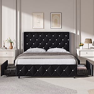 HOMBCK Queen Bed Frame with 4 Storage Drawers,Upholstered Bed Frame with Diamond Headboard and Footboard, Black Velvet Bed Frame with Wingback, Solid Wood Slats, Black
