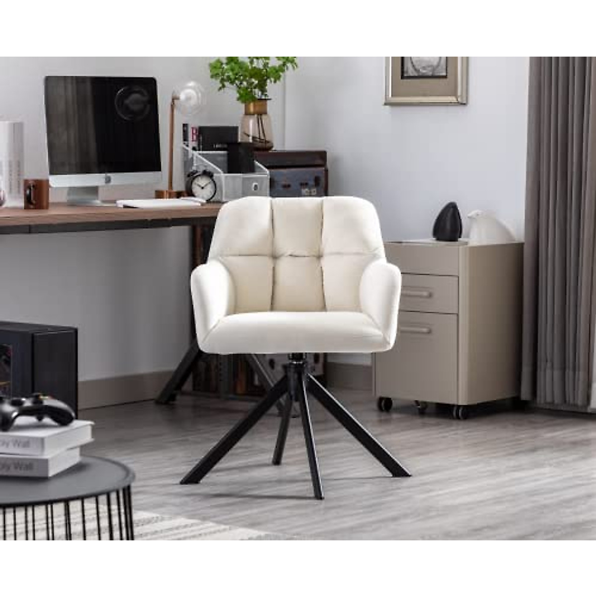 Shunzhi Modern Velvet Office Chair No Wheels Swirl Desk Chair Comfy Computer Task Chair Metal Legs Upholstered Accent Arm Chair for Living Room/Bedroom/Small Spaces/Home Office, White