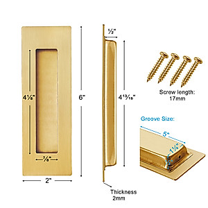 Malimali 6 Inch Recessed Finger Flush Pulls for Pocket Door Closet Door, Sliding Barn Door Handle, Brushed Gold Stainless Steel Rectangular Door Pulls Hardware(2 Pack)